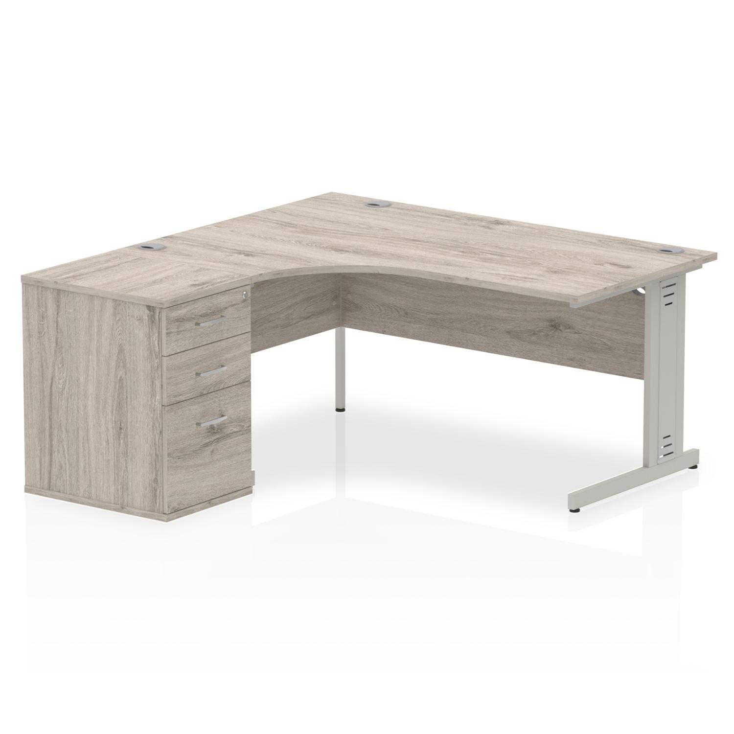 Impulse 1600mm Left Crescent Office Desk Grey Oak Top Silver Cable ...