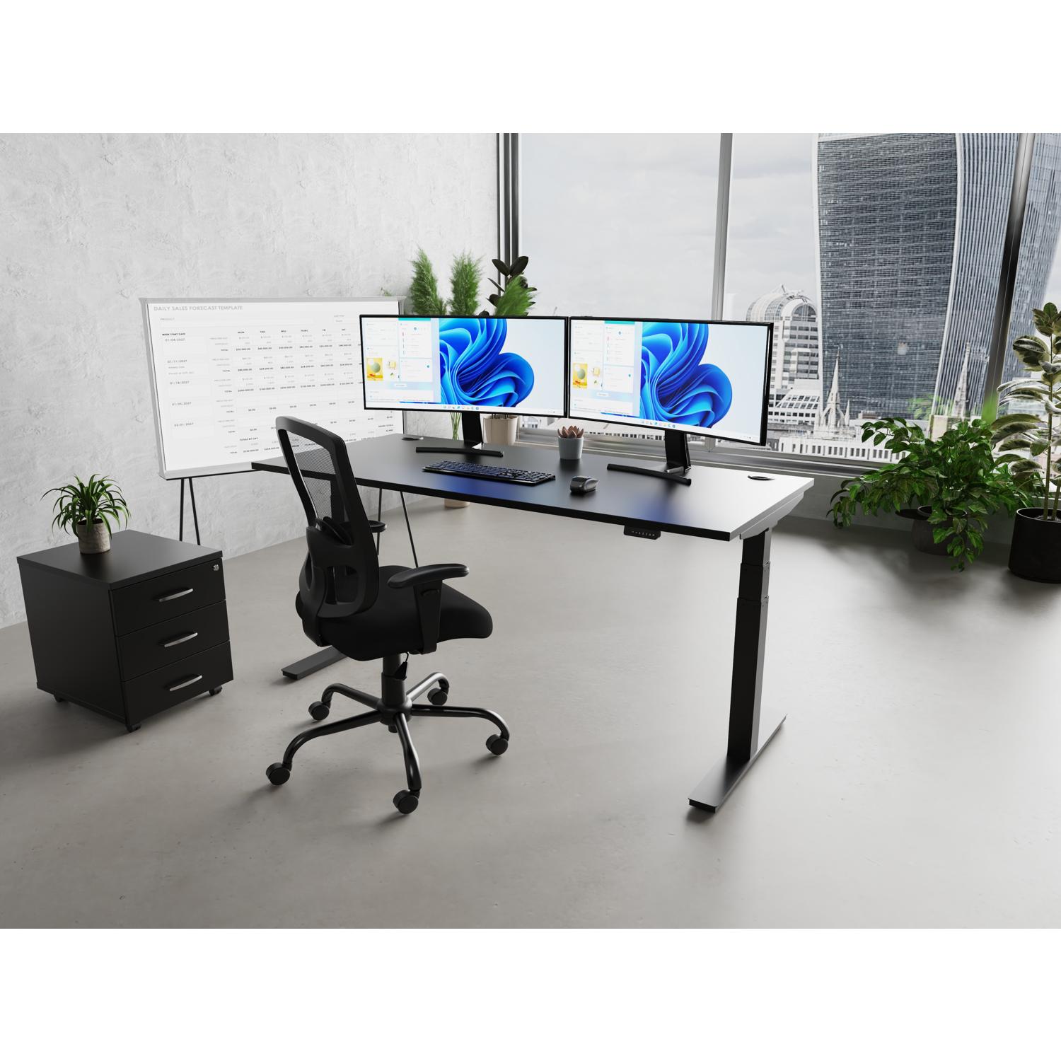 Air 1400 x 800mm Height Adjustable Office Desk Grey Oak Top Cable Ports ...
